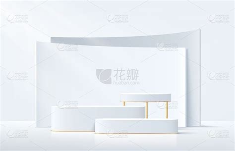 现代白色和金色的几何基座基座。白色和灰色最小的墙壁场景与几何形状的背景。矢量渲染三维形状，产品显示展