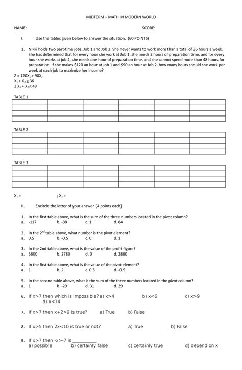 3 Midterm Math Simplex Method Linear Programming Midterm