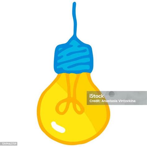 노란색 전구 아이콘입니다 파란색 베이스와 디자인 템플릿을 위한 흰색 와이어가 있는 밝은 둥근 모양의 전구의 손으로 그린 만화 스타일의 절연 요소입니다 아이디어와 사고의 상징