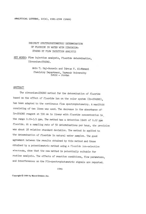 Pdf Indirect Spectrophotometric Determination Of Fluoride In Water With Zirconium Spadns By