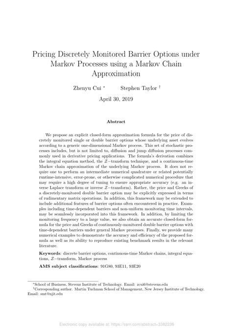 Pdf Pricing Discretely Monitored Barrier Options Under Markov Processes Using A Markov Chain