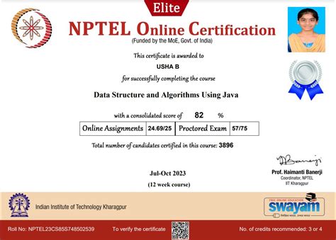 completed nptel course on data structures and algorithms usha b