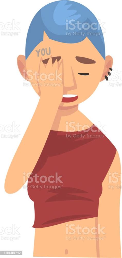 짧은 이발을 가진 젊은 여자 손으로 그녀의 얼굴을 덮고 소녀 만들기 Facepalm 제스처 수치 두통 실망 부정적인 감정 벡터 일러스트 남자에 대한 스톡 벡터 아트 및 기타