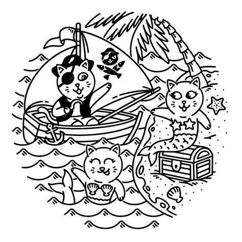 해적 고양이와 인어 고양이 라인 일러스트 프리미엄 벡터