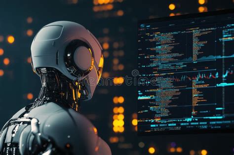 Robot Analyzes Data Visually In Futuristic City At Night With Glowing Lights Stock Image Image