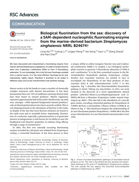 Pdf Biological Fluorination From The Sea Discovery Of A Sam Dependent Nucleophilic