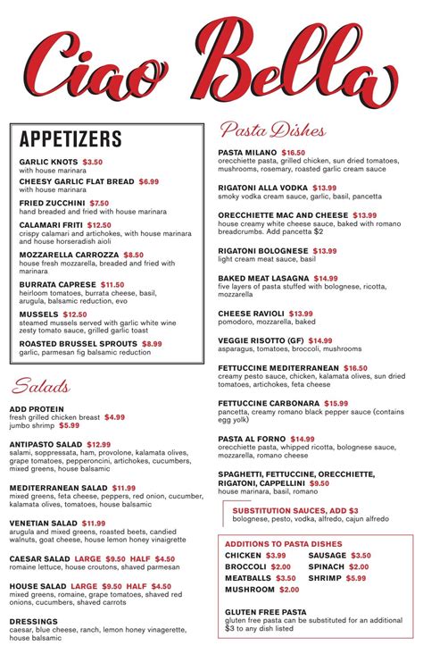 Menu At Ciao Bella Italian Restaurant Prescott Valley