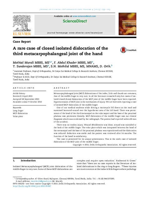 Pdf A Rare Case Of Closed Isolated Dislocation Of The Third Metacarpophalangeal Joint Of The Hand