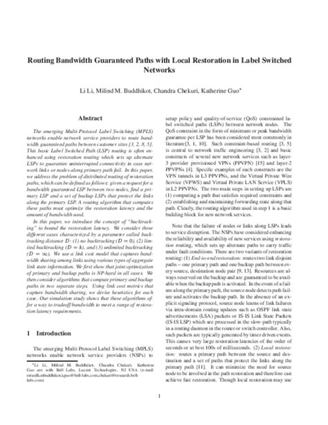 Pdf Routing Bandwidth Guaranteed Paths With Restoration In Label Switched Networks Subhash