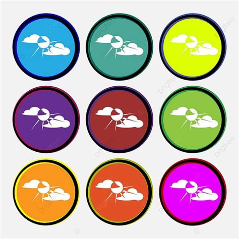 Sun Behind Cloud Icon Sign Nine Multi Colored Round Buttons Vector Vector Cut Out Glare