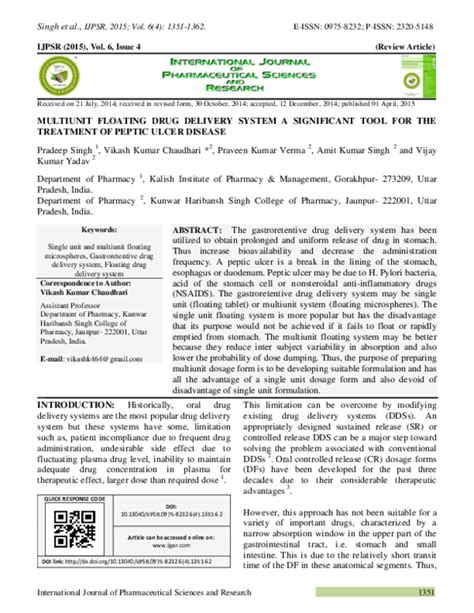 Pdf Multiunit Floating Drug Delivery System A Significant Tool For The Treatment Of Peptic