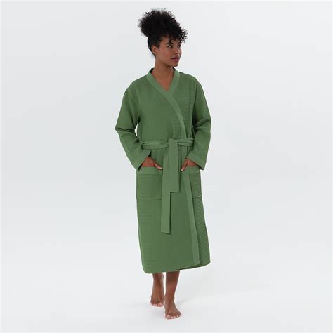 Womens Green Lightweight Kimono Waffle Spa Robe