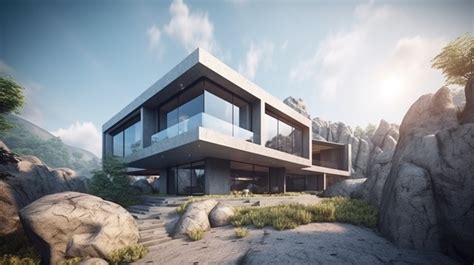 산 3d 렌더링의 절벽에 있는 현대 건축 빌라 레이크 하우스 옥상 정원 산 호수 배경 일러스트 및 사진 무료 다운로드