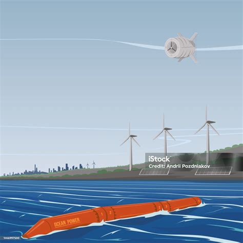 재생 가능 에너지에 대 한 기술의 개념 그림입니다 파력 발전소 태양 전지판 풍력 발전기 및 부력 항공기 터빈이 제공됩니다 해안과