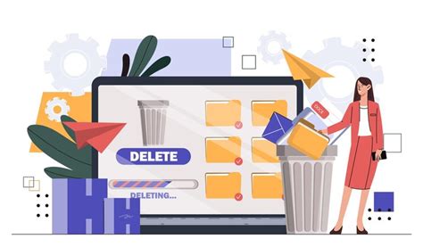 Premium Vector Woman With Deleting Data Young Girl With Folders With Files Near Trashcan Empty