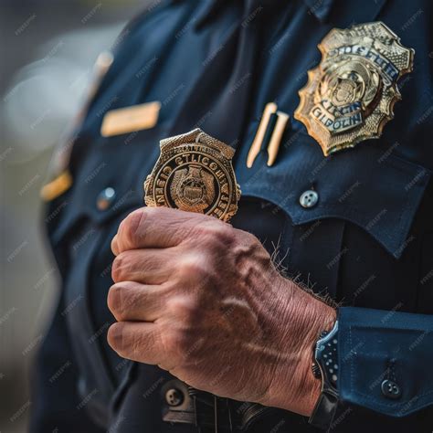 Closeup Of A Police Officer Holding A Badge Showcasing The Details Of