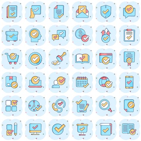 만화 스타일에서 설정 아이콘 승인 격리 된 흰색 배경에 확인 표시 만화 벡터 일러스트 레이 션 승인 스플래시 효과 비즈니스 개념을 틱 프리미엄 벡터