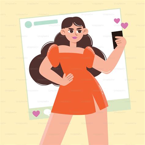 빨간 드레스를 입은 여성이 휴대전화를 들고 있다 벡터 Unsplash의 인플루언서 이미지