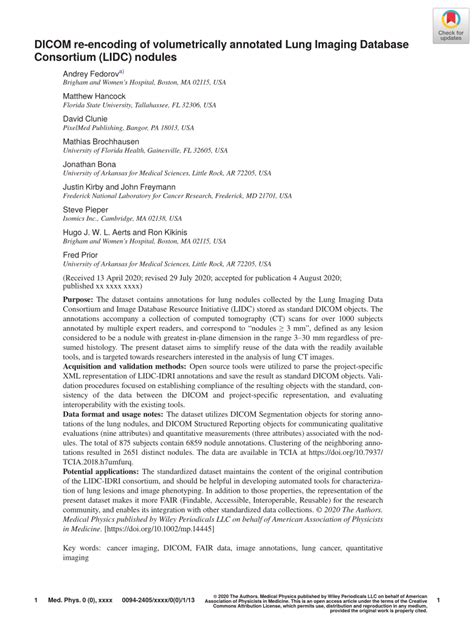 Pdf Dicom Re Encoding Of Volumetrically Annotated Lung Imaging Database Consortium Lidc Nodules