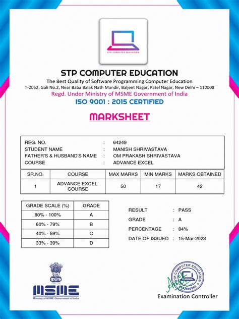Advance Excel Marksheet Pdf