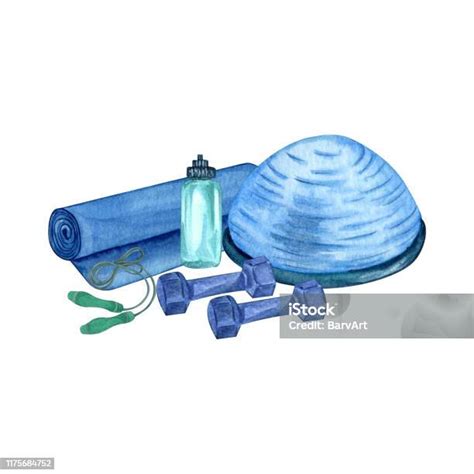 체육관에 대 한 다른 장비의 수채화 그림입니다 체조 공 아령 물병 요가 매트 및 피트니스 및 실내 스포츠를위한 기타 도구 수채화에 대한 스톡 벡터 아트 및 기타 이미지