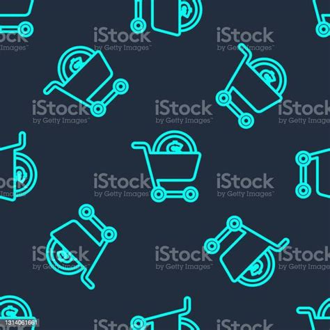 녹색 라인 쇼핑 카트와 달러 기호 아이콘 은 파란색 배경에 원활한 패턴을 격리 온라인 구매 개념 배달 서비스 슈퍼마켓 바구니