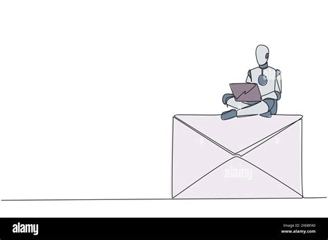 Single Continuous Line Drawing Robotic Artificial Intelligence Sitting On Giant Email Icon