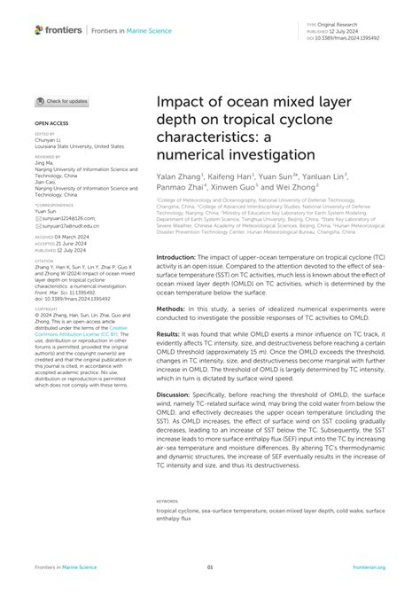 Pdf Impact Of Ocean Mixed Layer Depth On Tropical Cyclone Characteristics A Numerical