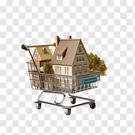 부동산과 주택 구입의 장바구니 개념에 있는 소형 주택 미니어처 하우스 쇼핑 카트 부동산 개념 Png 일러스트 및 이미지 에 대한 무료 다운로드 Pngtree