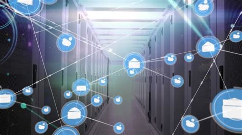 Animation Of Connected Icons And Dots With Lens Flares Against Server Room In Background Stock