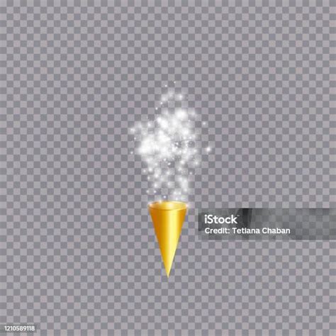 투명 한 배경에 격리 된 색종이 입자를 폭발 화이트 파티 포퍼 반짝이는 별이 있는 점선 종이 콘 축제 또는 마법 장식 벡터 휴일 그림입니다 Carnival에 대한 스톡 벡터