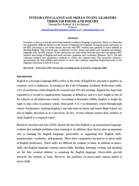 Integrating Language Skills To Efl Learners Through Poems And Poetry Pdf English As A Second