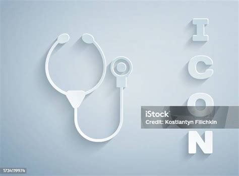 종이 는 회색 배경에 격리 청진기 의료 기기 아이콘을 잘라 종이 아트 스타일 벡터 3차원 형태에 대한 스톡 벡터 아트 및 기타 이미지 3차원 형태 건강 진단 건강