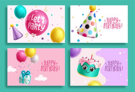 생일 인사말 카드 벡터 배너 세트 디자인 떠 다니는 풍선과 생일 축하 초대장 풍선 파티 모자 공기 주입에 대한 스톡 벡터 아트 및 기타 이미지 Istock