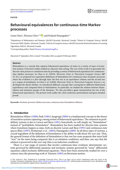 Pdf Behavioural Equivalences For Continuous Time Markov Processes
