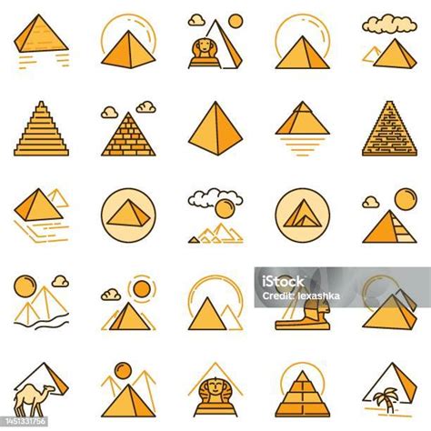 이집트 피라미드 벡터 노란색 아이콘 세트 피라미드 컬러 기호 이집트에 대한 스톡 벡터 아트 및 기타 이미지 이집트 태양 하늘 아이콘 Istock