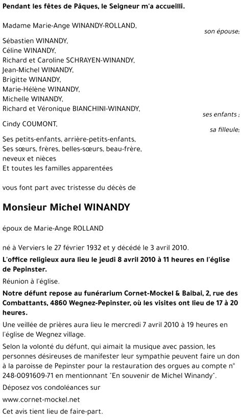 Avis De Décès De Michel Winandy Décédé Le 03 04 2010 à Verviers Annonce Condoléances Fleurs