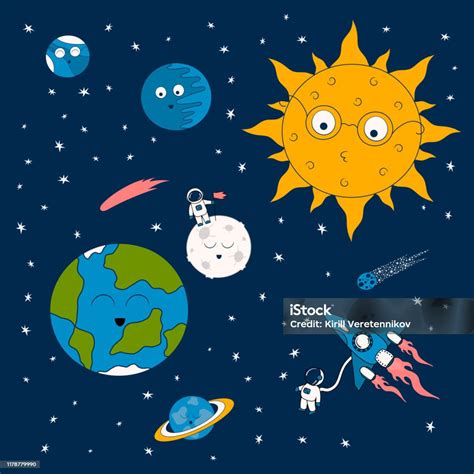 지구와 만화 태양계 패턴 달 태양과 행성에 귀여운 우주 비행사 우주선 우주선과 혜성미래 배경 아이들을위한 귀여운 은하 벽지