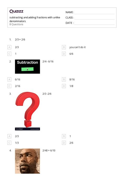 Subtracting Fractions With Unlike Denominators Worksheets For Nd Year On Quizizz Free