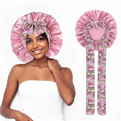 Womens Lace Up Satin Bonnet With Wide Stretch Ties Band Long Tail