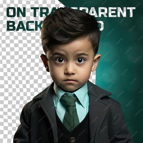 몽골 인종의 짧은 머리카락을 가진 불안한 유치원 소년은 탐정 의상을 입고 파스텔 티얼 배경에 손에 ⁇ 을 ⁇ 고 포즈를 취합니다 프리미엄 Psd 파일