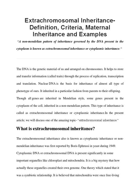 Extrachromosomal Inheritance Definition Criteria Maternal Inheritance And Examples Pdf