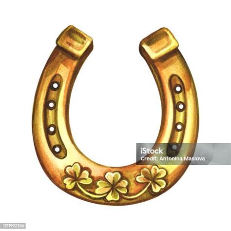 네 잎 클로버가 있는 말굽 행운의 상징 수제 수채화 그림입니다 격리 인쇄용 스티커 및 라벨 엽서 인쇄물 및 포장용 배너 포스터용