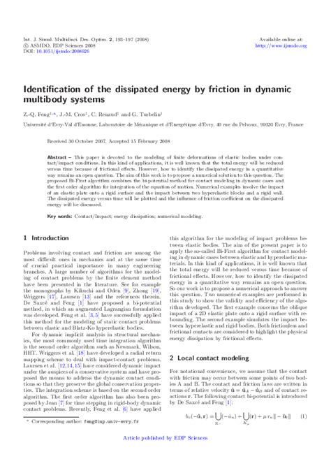 Pdf Identification Of The Dissipated Energy By Friction In Dynamic