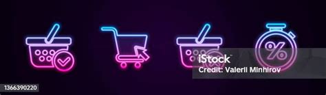 체크 마크 카트 커서 쇼핑 및 스톱워치 제거 및 퍼센트로 라인 쇼핑 바구니를 설정합니다 빛나는 네온 아이콘 벡터 구매에 대한 스톡 벡터 아트 및 기타 이미지 Istock