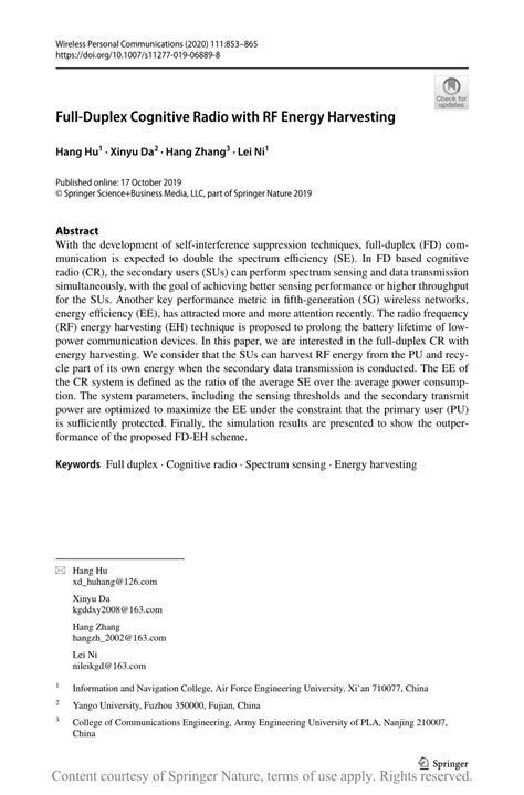 Full Duplex Cognitive Radio With Rf Energy Harvesting Request Pdf