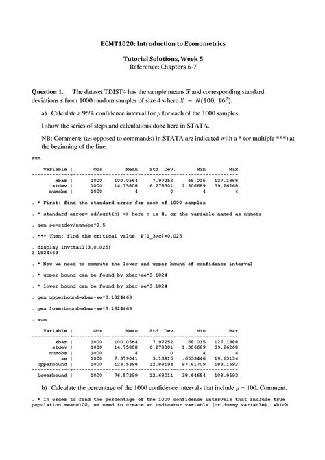 Ecmt1020 Tutorial W5 Solution Ecmt1020 Introduction To Econometrics Tutorial Solutions Week