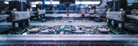 A Circuit Board Manufacturing Line With Machines Precisely Placing And Soldering Tiny Electronic