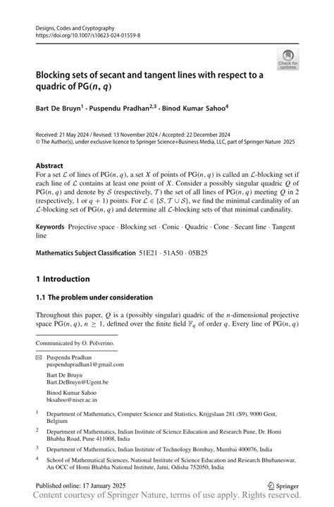 Blocking Sets Of Secant And Tangent Lines With Respect To A Quadric Of Pgnqdocumentclass