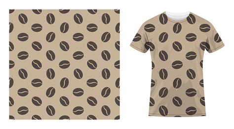 반팔 코튼 스포츠 티셔츠는 커피 콩 식물 이음매없는 패턴의 곡물을 장식했습니다 좋은 기분을위한 아침 음료 편안한 여름 옷 직물 및 직물 디자인을 위한 벡터 장식 Home